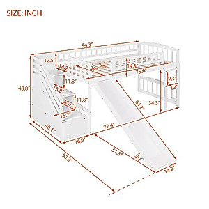 ODC Twin Size Loft Bed with 2 Drawers and Slide for Kids, Solid Wood Loft Bed Frame with Storage, Low Loft Bed with Slide, Ladder and Security Guardrail for Kids Girls Boys Teens