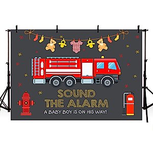 MEHOFOND Fire Truck Boy Baby Shower Photo Backdrop Firetruck Sound The Alarm Firefighter Little Fireman Red and Black Party Decorations Photography Background Banner for Dessert Table Supplies 7x5ft