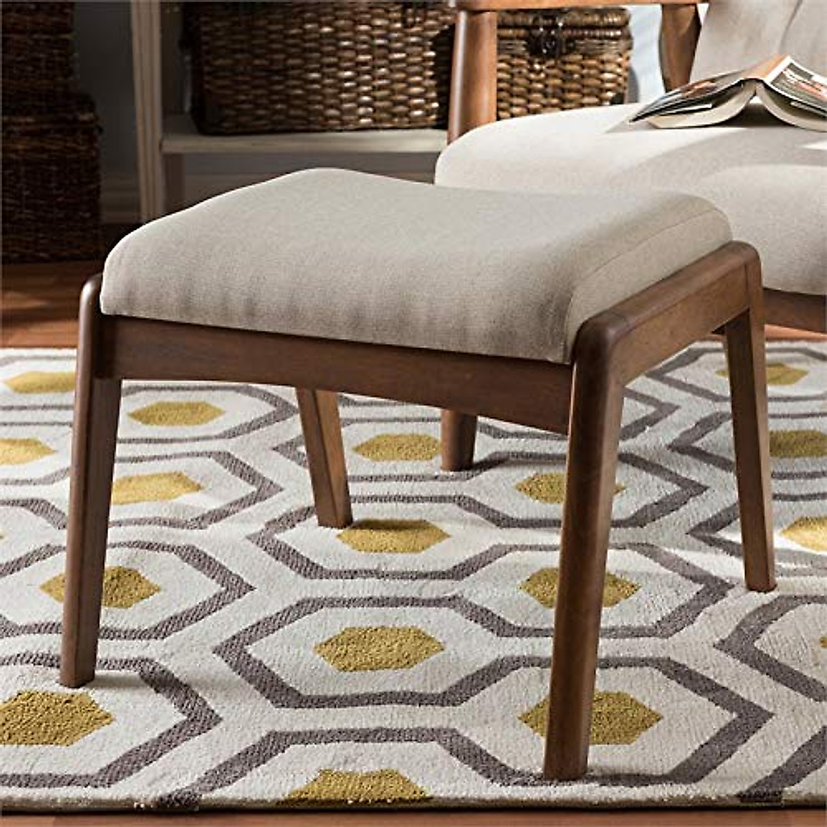Baxton Studio Roxy Upholstered Ottoman in Light Beige and Walnut