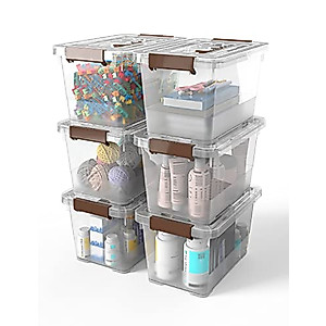 WYT 6-Pack Clear 7 Quart Storage Latch Box/Bins, Plastic Stackable Latching Box with Brown Handle and Lid, Multi-Purpose, 7 Litre