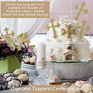 Menkxi 30 Pcs Baptism Gold Glitter Cross Centerpiece Sticks 10" Double Side Cross Baby Shower Cake Toppers Centerpieces for Tables Wedding Birthday Party Religious Christening Decoration