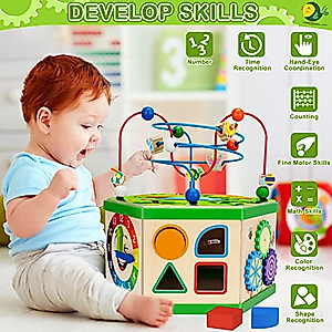 V-Opitos Learning Toys for Toddler 1, 2, 3 Years Old, 7 in 1 Wooden Activity Cube, Montessori Early Educational Toys for Baby, 12-18 Months, Ideal First Birthday Gifts for Kids Girl