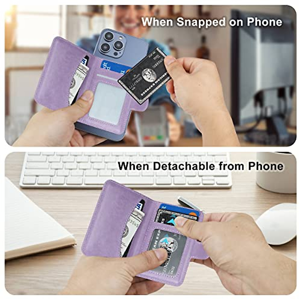 Bocasal for MagSafe Wallet Magnetic Card Holder, RFID Blocking Leather Card Slots for iPhone 14/13/12 Pro/Max/Plus, Adjustable Kickstand Flip Mag Safe Wallet (Purple)