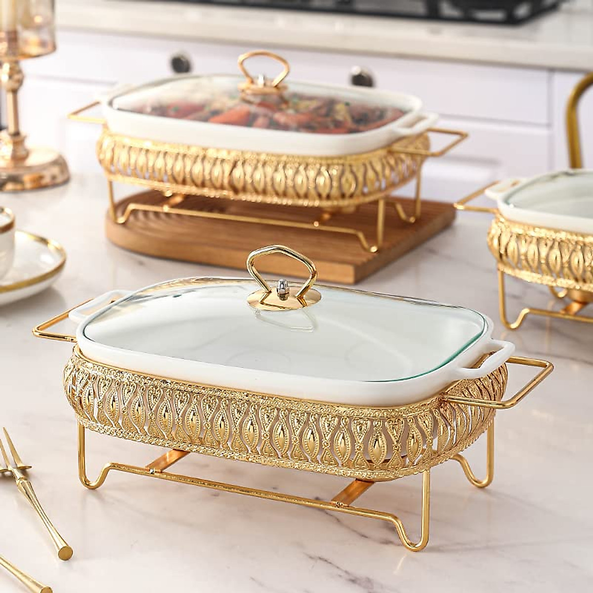 HONHPD Stainless Steel Rectangle Chafing Dish Buffet Set, Ceramic Marble Finish Chafer with Glass Lid, Chafer and Buffet Warmer Set for Buffet Weddings Parties Banquets, Golden