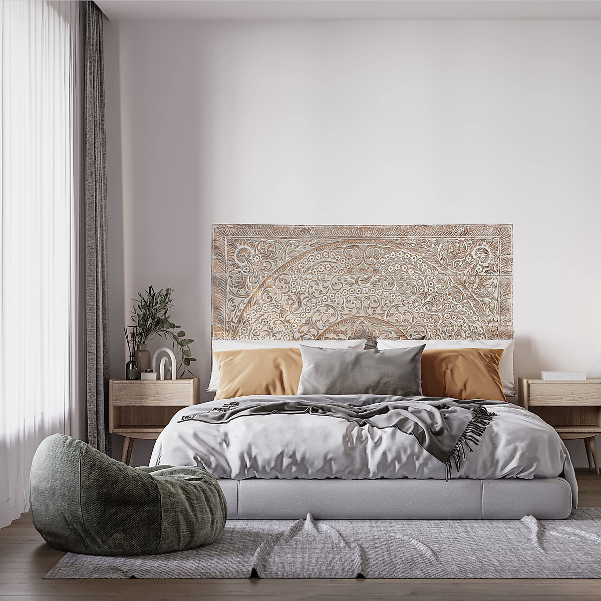 California King Low Profiled Headboard, Rectangle Wall Mounted Bed Head, Hand Carved Reclaim Teak Wood Panels, Whitewash, 72 inches