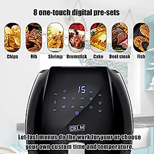 DELM Air Fryer Electric Hot Oven Oilless Cooker LED Touch Digital Screen with 8 Cooking Functions, Airfryer Preheat and Shake Reminder, Nonstick Basket,deep fryer xl digital, 6.3 QT-Black,beginners recipes included!