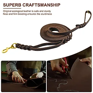 Wellbro 15ft Long Leather Dog Leash,Double Handle Dog Leash,Tieout for Yard, Camping, and Outdoors - Dog Run Cable for Total Control and Off-Leash Feel, Great for Large, Medium, Service Dogs