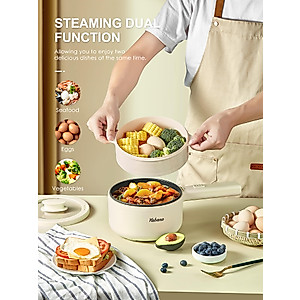 Yabano Electric Pot, 850W Non-Stick Electric Hot Pot with Steamer,1.6L Noodles Cooker with Dual Power Control, Portable Pot For Dorm, Office, Travel with Silicone Spatula Included, BPA Free, White