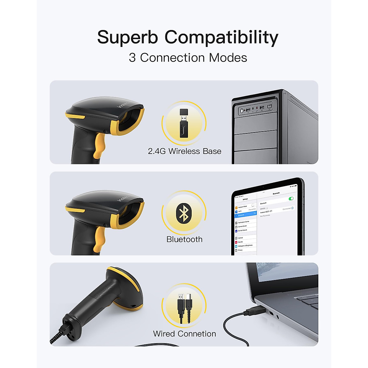 Inateck Wireless Barcode Scanner, Bluetooth Bar Code Scanner, 1D USB Barcode Reader Handheld, 1 Charge 3 Months, Scanner Barcode with APP and SDK