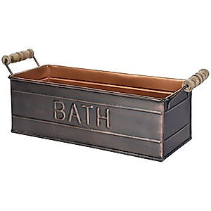 MyGift Vintage Bronze Metal Rectangular Storage Basket with Wooden Handles, Bathroom Toiletries Holder, Organizer Bin with Embossed Bath Label - Handcrafted in India