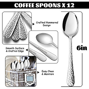 E-far 12-Piece Coffee Spoons, 6-Inch Stainless Steel Espresso Spoons, Small Metal Spoons for Coffee/Sugar/Tea, Hammered Design & Rust Free, Dishwasher Safe