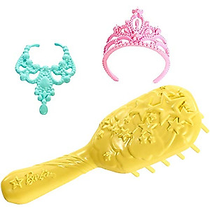 Barbie Dreamtopia Royal Ball Princess Doll, Brunette Wearing Glittery Rainbow Ball Gown, with Brush and 5 Accessories, Gift for 3 to 7 Year Olds