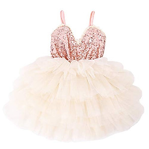 Cilucu Girls Dress Toddler Kids Party Dress Sequin Tutu Pageant Lace Dresses Gown for Flower Girl Baby Rose Gold Off White 3T-4T