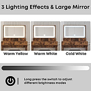 LIKIMIO Vanity Desk with LED Lighted Mirror & Power Outlet & 4 Drawers, Dressing Makeup Table Set with Storage Stool and Hair Dryer Stand, Vintage Brown