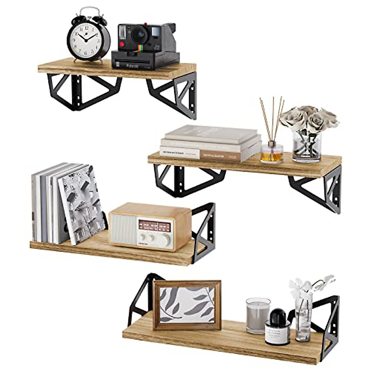 AMADA HOMEFURNISHING Floating Shelves Wall Mounted Storage Shelves Set of 4, Rustic Solid Wood Wall Shelves for Bedroom/Living Room/Bathroom/Kitchen/Office, AMFS27