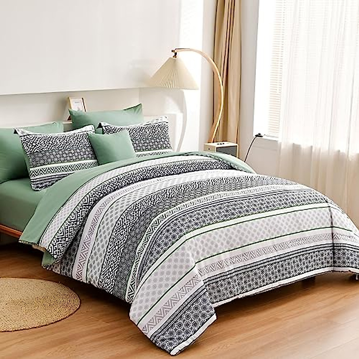 Luxudecor Boho Comforter Set Queen Size 7 Piece, Green Bohemian Bed in a Bag, Striped Comforter and Sheet Set, Soft Microfiber Bedding Set for All Season(Green, 90"x90")