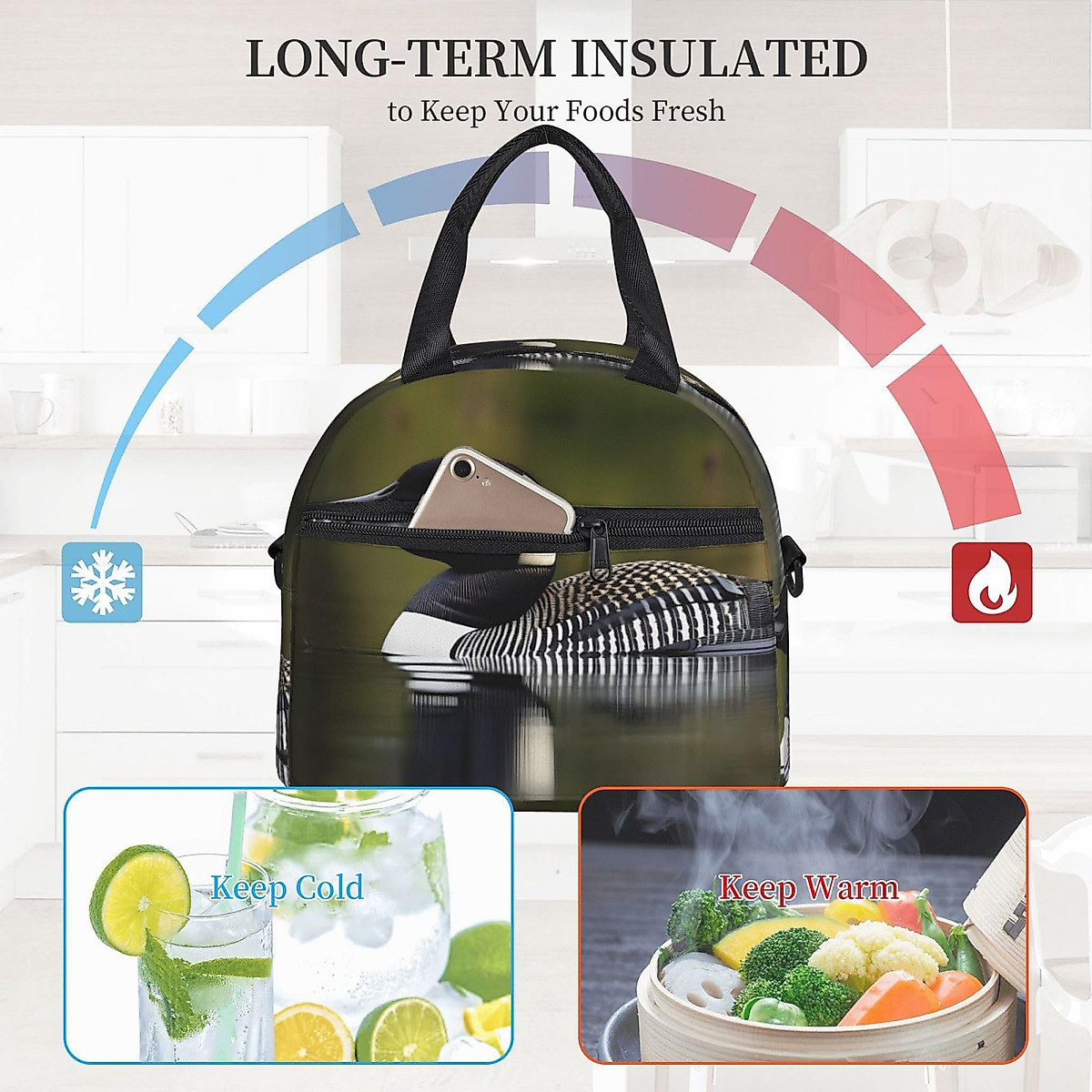 Lunch Bag,Tote Bag For Women & Men Adjustable Shoulder Strap,Leak Proof For Office Work,Picnic,Loon Nature Bird Print