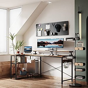 ODK Small L Shaped Desk, 66 inch Corner Desk with Reversible Storage Shelves, Computer Desk with Monitor Shelf and PC Stand for Home Office, Gaming Desk with Headphone Hooks, Rustic Brown