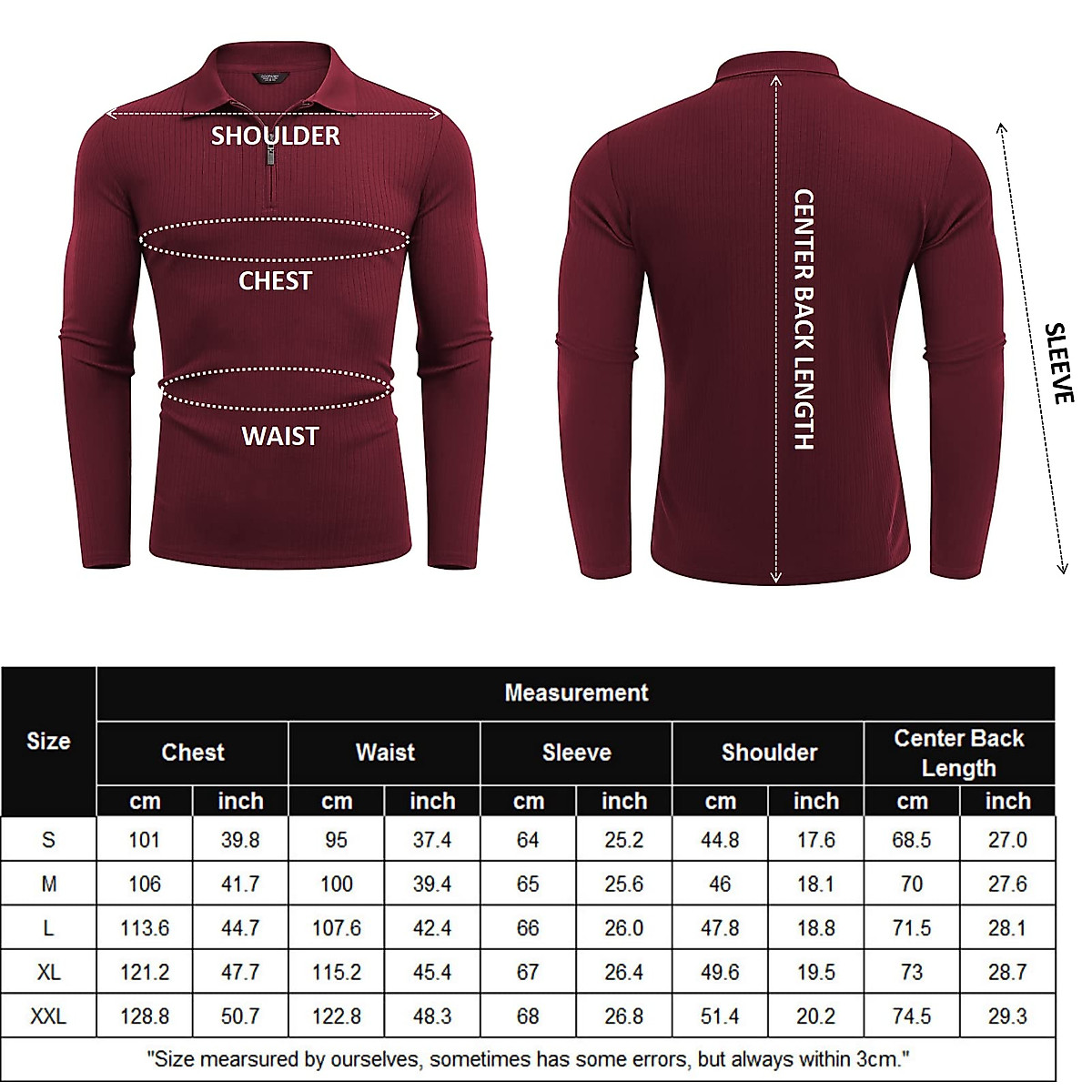 COOFANDY Men's Fitted T Shirts Long Sleeve Slim Fit Knitted Muscle Polo Shirts Stretch Pullover Shirts for Men Wine Red