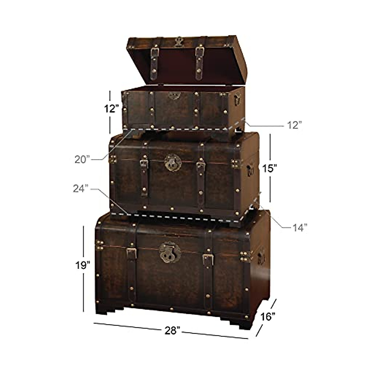 Deco 79 Wood Nesting Upholstered Trunk with Vintage Accents and Studs, Set of 3 28", 24", 20"W, Brown