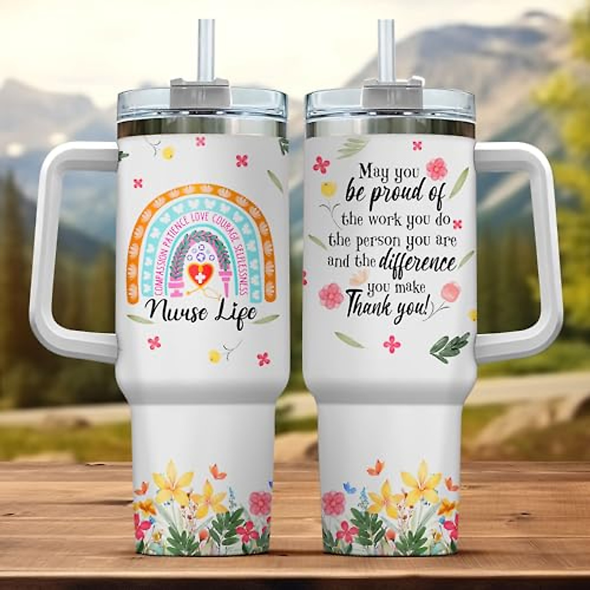 99OWL Nurse Gifts, Tumbler 40 Oz With Handle Lid And Straw, Nurse Rainbow Color, Engraved Nursing Cups Straws Funny Cup Nurses Tumblers Flower Handle Student Travel Coffee Week Er