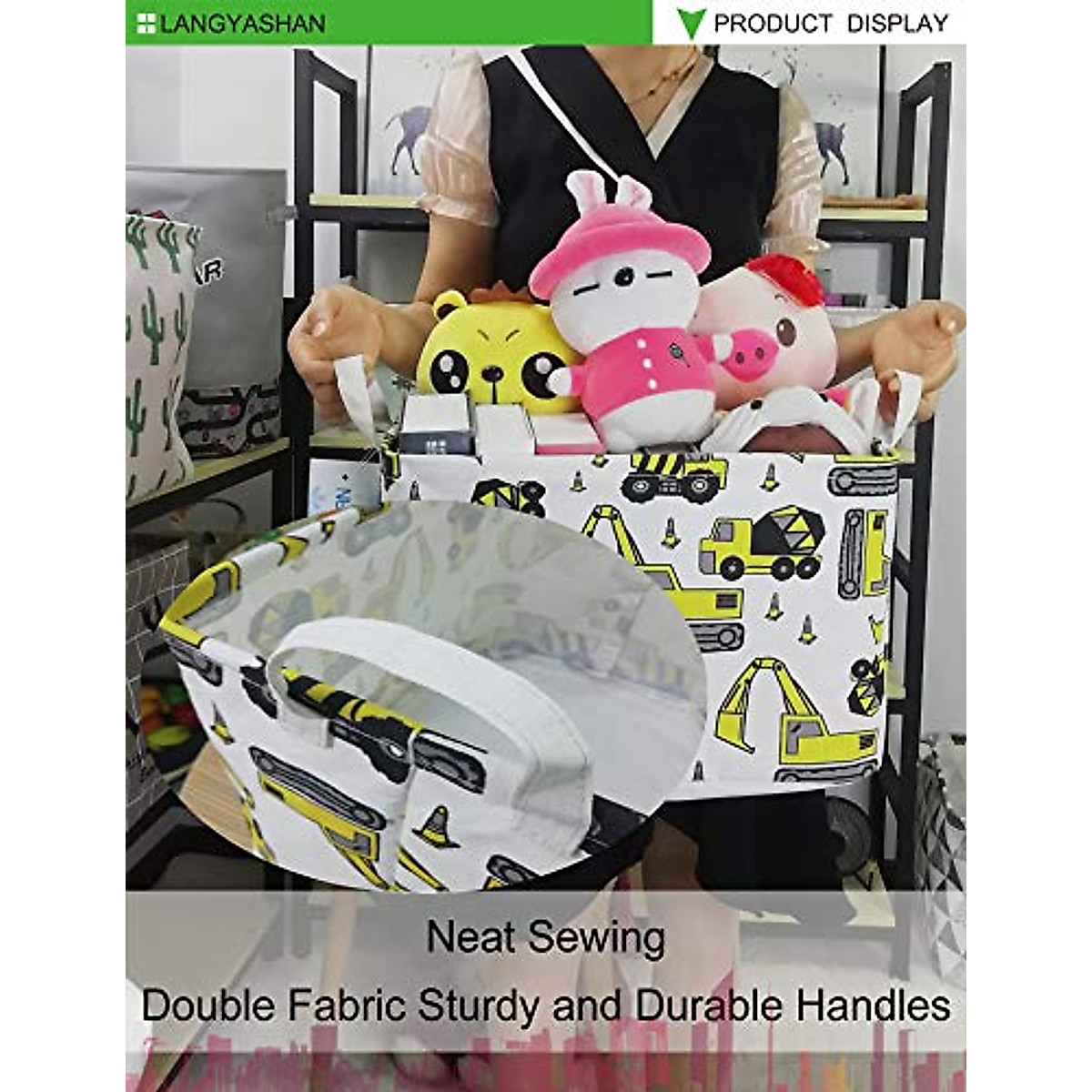 LANGYASHAN Rectangular Storage Bin Collapse Canvas Fabric Cartoon Storage Basket with Handles for Organizing Home Kitchen Boys and Girls Toys Office Closet Shelf Baskets (Rec Engineering Vehicle)