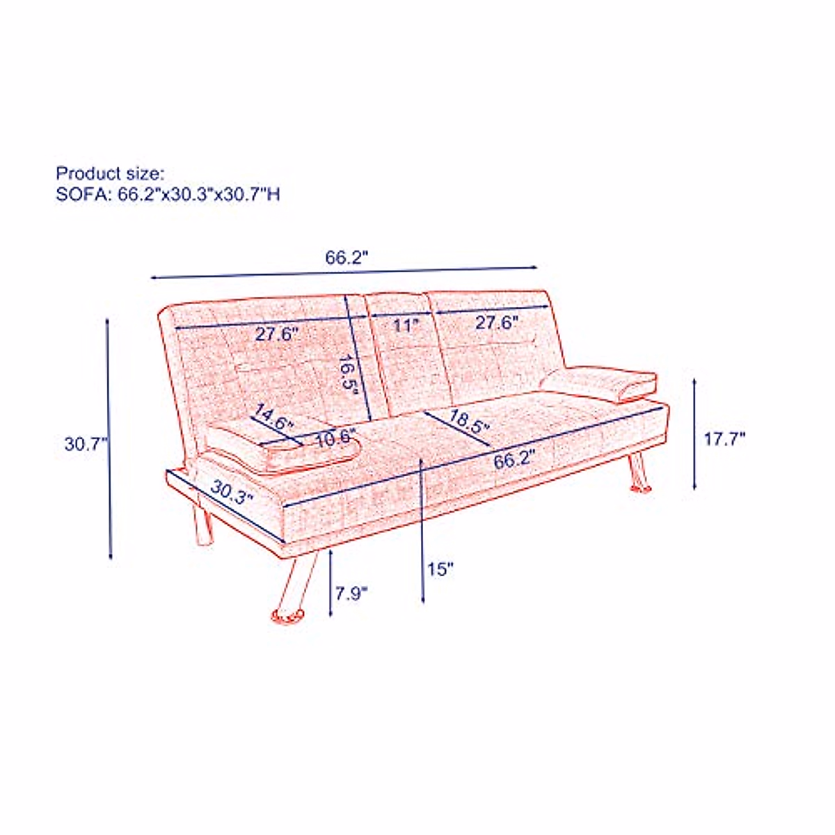 ERYE Modern Futon Loveseat Convertible Sleeper Bed for Living Room Apartment Small Space Furniture Sets with 2 Cup Holders Metal Legs,Removable Soft Pillow-Top Armrest, Sofa & Couch, Light Grey