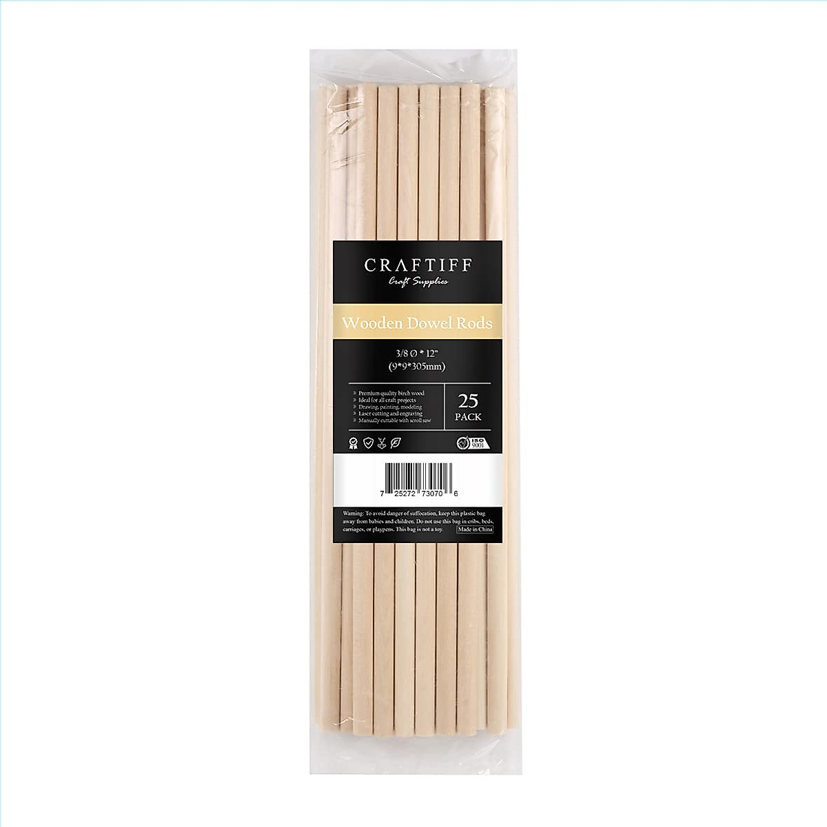 Wooden Dowel Rods 3/8 inch x 12 inch for Crafting and Macrame 25 Pack by Craftiff (Pack of 25)