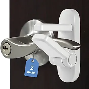 Childproof Door Lever Lock Baby safety locks for doors (2 Pack) Improved door safety for kids, 3M Adhesive No Drilling Child Safety Door Handle Lock. Simple Install, No Tools Needed (White, 2)