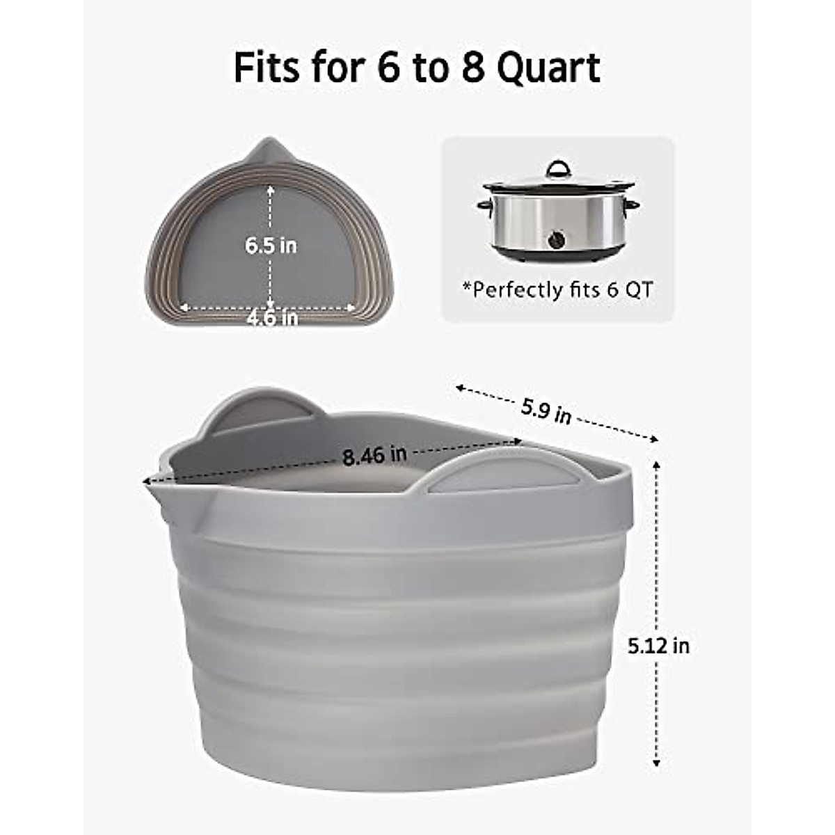Syntus Slow Cooker Liners Divider, Large Size Crock Pot Liners Divider Insert Reusable Silicone Cooking Liner Dishwasher Safe, Fit 6QT to 8QT for Slow Cooker Crockpot, Grey