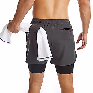 Surenow Mens 2 in 1 Running Shorts Quick Dry Athletic Shorts with Liner, Workout Shorts with Zip Pockets and Towel Loop Dark Grey