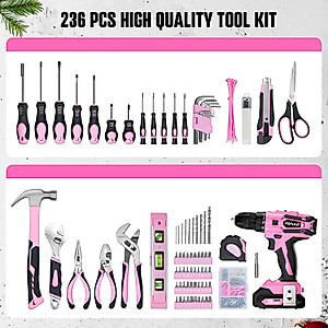 POPULO Pink Tool Kit 236-Piece with Cordless 20V 2000mAh Power Drill Driver, Lady's Basic Home Tool Set with 12-Inch Pink Tool Bag, Electric Drill Sets Combo Kit for Women, House, DIY