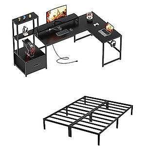GreenForest 70 in L Shaped Desk with Drawers and Printer Stand and Queen Size Bed Frame Easy Quick Assembly