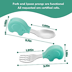 HIWOOD Baby Spoon and Fork Training Set with Travel Case, Toddler Utensils Silverware Set, 316 Stainless Steel and Silicone Flatware set for kids Self Feeding(Cow, Green)