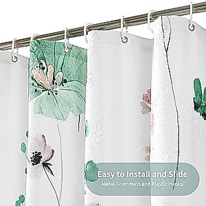 QiyI Watercolor Floral Shower Curtain, 3D Embossed Butterflies Sage Green Flower Bathroom Curtain, Minimalist White Cloth Bath Curtain, Waterproof Fabric Textured Shower Curtain Set with Hooks, 72x72