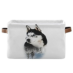 Gougeta Foldable Storage Basket with Handle, Cute Siberian Husky Dog Rectangular Canvas Organizer Bins for Home Office Closet Clothes Toys 1 Pack