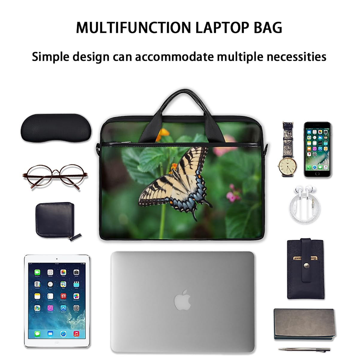 Butterfly Flower Design Laptop Computer Bag Waterproof Shoulder Messenger Bag 13-15 inch Durable Laptop Tote Bag with Shoulder Strap Handle Lightweight Crossbody Briefcase