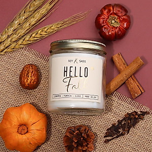Fall Candles - 'Hello Fall' Fall Candle w/Cinnamon, Spice & Pumpkin Candle I Infused with Essential Oils I Autumn Fall Scented Candles I Pumpkin Spice Candle I 9oz Jar I 50Hr Burn I Made in USA