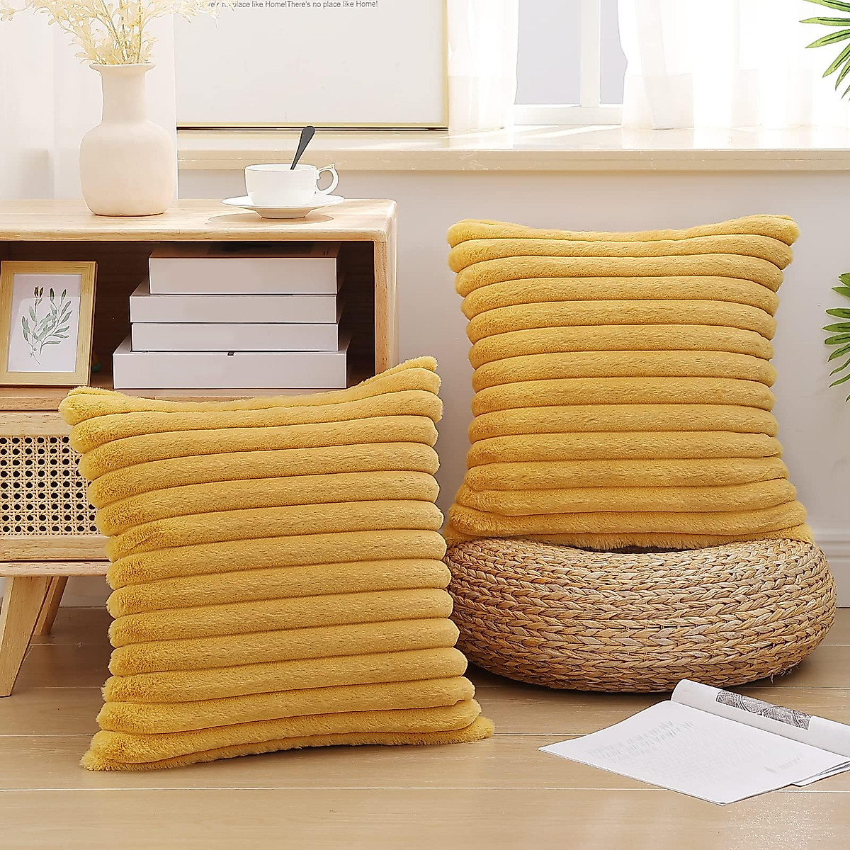 Pallene Faux Fur Plush Throw Pillow Covers 18x18 Set of 2, Luxury Soft Fluffy Striped Decorative Pillow Covers for Sofa, Couch, Living Room, Mustard Yellow