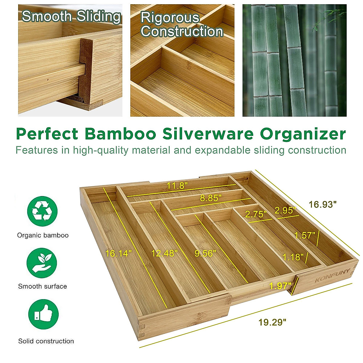 konfuny Bamboo Kitchen Drawer Organizer for Utensils Silverware Holder- Perfect Size Adjustable Cutlery Tray,Drawer Dividers for Flatware and Kitchen Utensils(6-8 Slots)