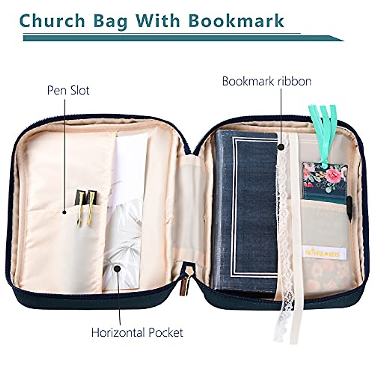 Bible Cover, Carrying Book Case Church Bag Bible Protective with Handle and Front Pocket, Perfect Gift for Mother Kids Girls Women 10"x7.5"x2.4"(Navy Floral)