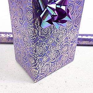 LDGOOAEL Mini Short Small Wrapping Paper Roll - Reversible Design (17" X 120") - Purple Rose with Metallic Gold Foil for Holiday, Mothers Day, Birthday, Wedding, Baby Shower