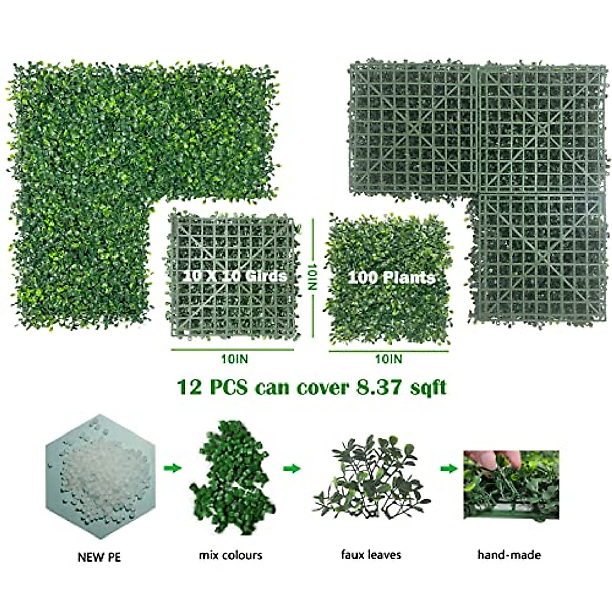 Bybeton Artificial Green Wall Panel,10"x 10"(12pcs) Boxwood Faux Grass Wall Panels for Interior Wall, Backdrop Wall,Garden Wall and Indoor Outdoor Plant Wall Decor