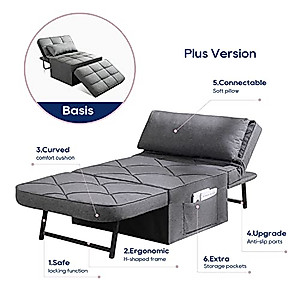 Vonanda Sofa Bed Plus, Convertible Chair 5 in 1 Multi-Function Folding Ottoman Modern Curved Linen Guest Bed with Lock-in Feature for Apartment, Classic Dark Gray