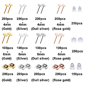 BQTQ 2600 Pcs Earring Making Supplies with Stainless Steel Earring Posts Earring Backs Flat Pad Earring Studs Earring Blank with Butterfly and Rubber Bullet Earring Backs for Earring Jewelry Making