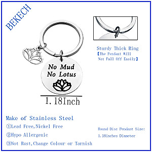 BEKECH Inspirational Yoga Keychain No Mud No Lotus Keychain Lotus Flower Yoga Jewelry Yogi Gift Yoga Lover Gift (silver)
