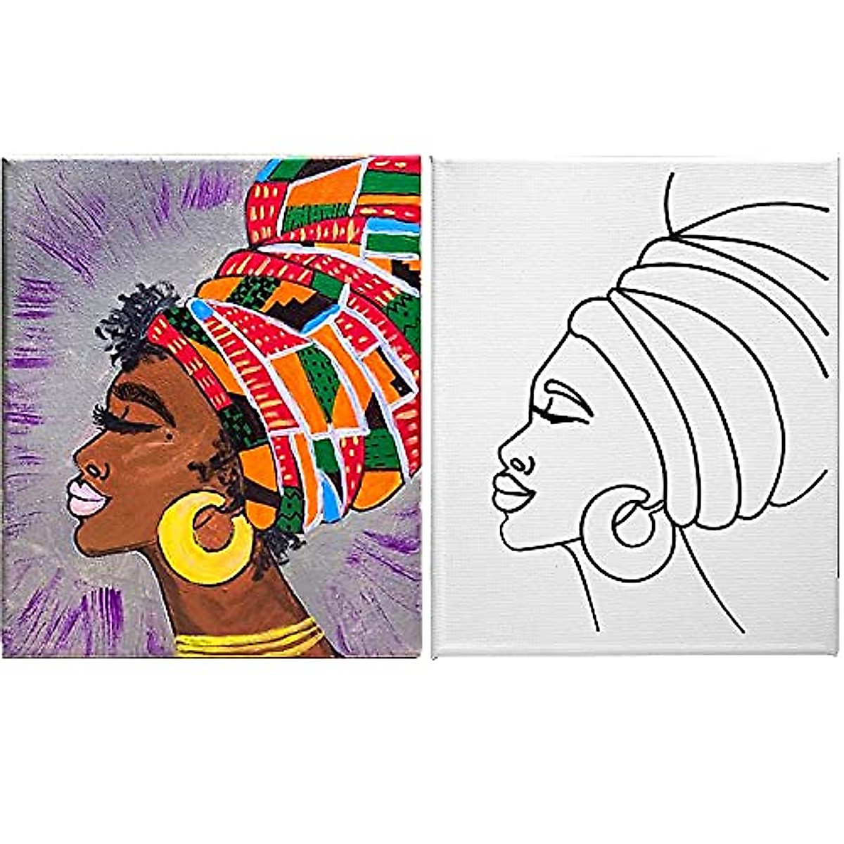 Indigo Art Studio Pre Drawn Canvas Paint Kit for Adults | Stenciled 12 Acrylic Paints, Smock, Brush, Pallet | Art Activity | Afro Retro | Birthday & Sip and Paint Twist Party Queen #4 (8x10 Inches)