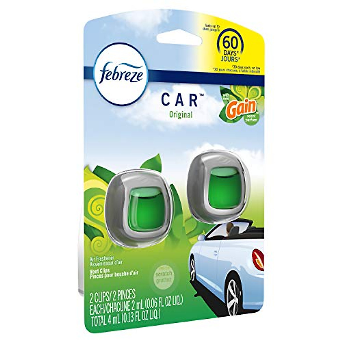 Febreze Car Air Fresheners, Gain Original Scent, Odor Fighter for Strong Odors Car Vent Clips (2 Count)