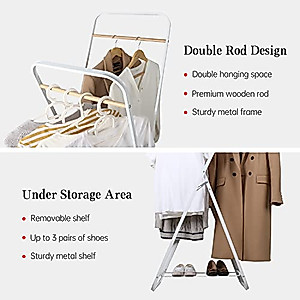 ZOES HOMEWARE Modern Foldable Garment Rack Heavy Duty Collapsible Clothing Rack for Hanging Clothes,Portable Steel Standing Clothes Rack with Shelves for Clothes,Space Saving-White
