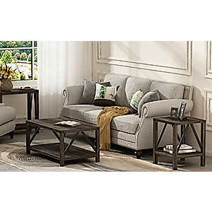 Treocho Farmhouse End Side Table, Rustic Vintage Nightstand with Shelf for Living Room, Bedroom, Grey Wash